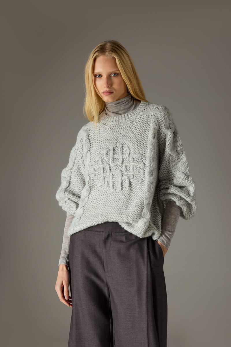 EMBLEM PLAITED OVERSIZED KNIT JUMPER - GREY MARL – The Couture Club