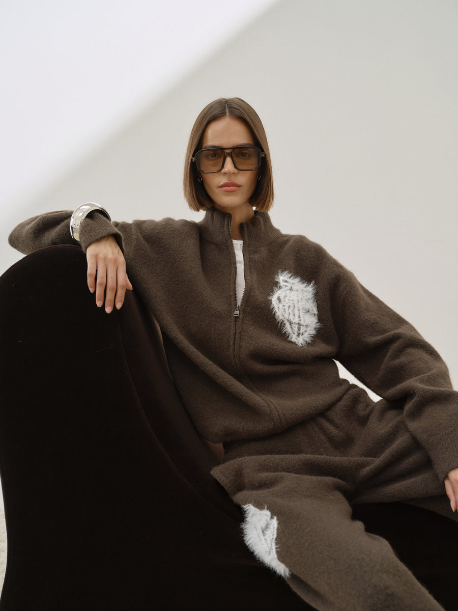 MONOGRAM FLUFFY KNIT ZIP THROUGH - BROWN – The Couture Club