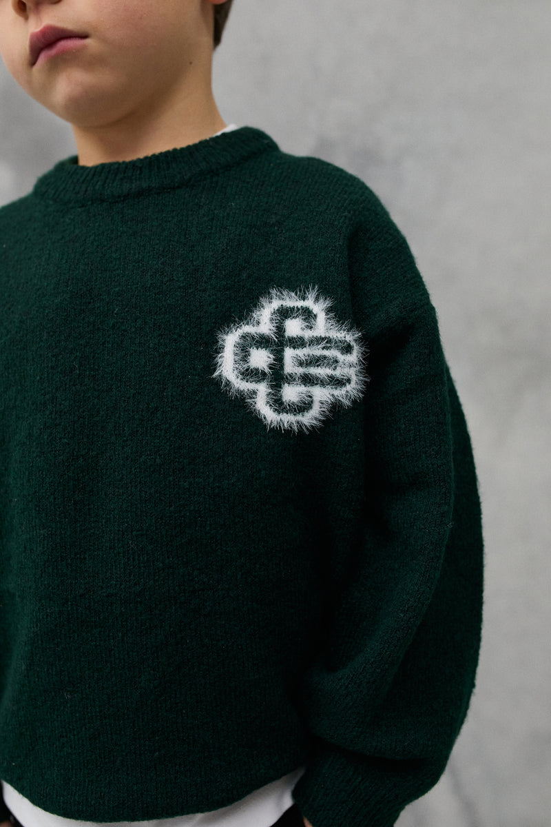 KIDS FLUFFY KNIT EMBLEM CREW - GREEN – The Couture Club