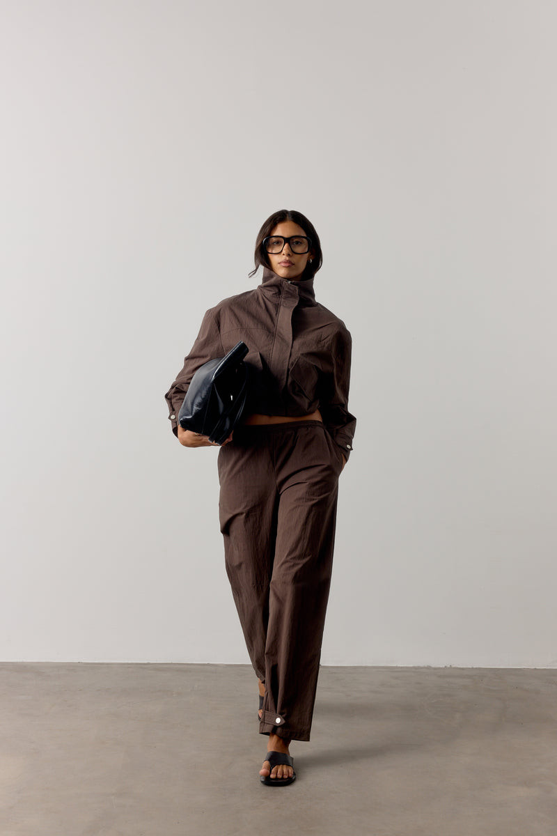 FUNNEL NECK SHELL JACKET - BROWN – The Couture Club