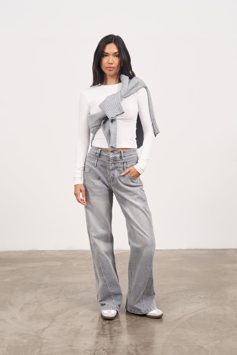 DISTRESSED DOUBLE WAISTBAND JEANS - GREY WASH – The Couture Club
