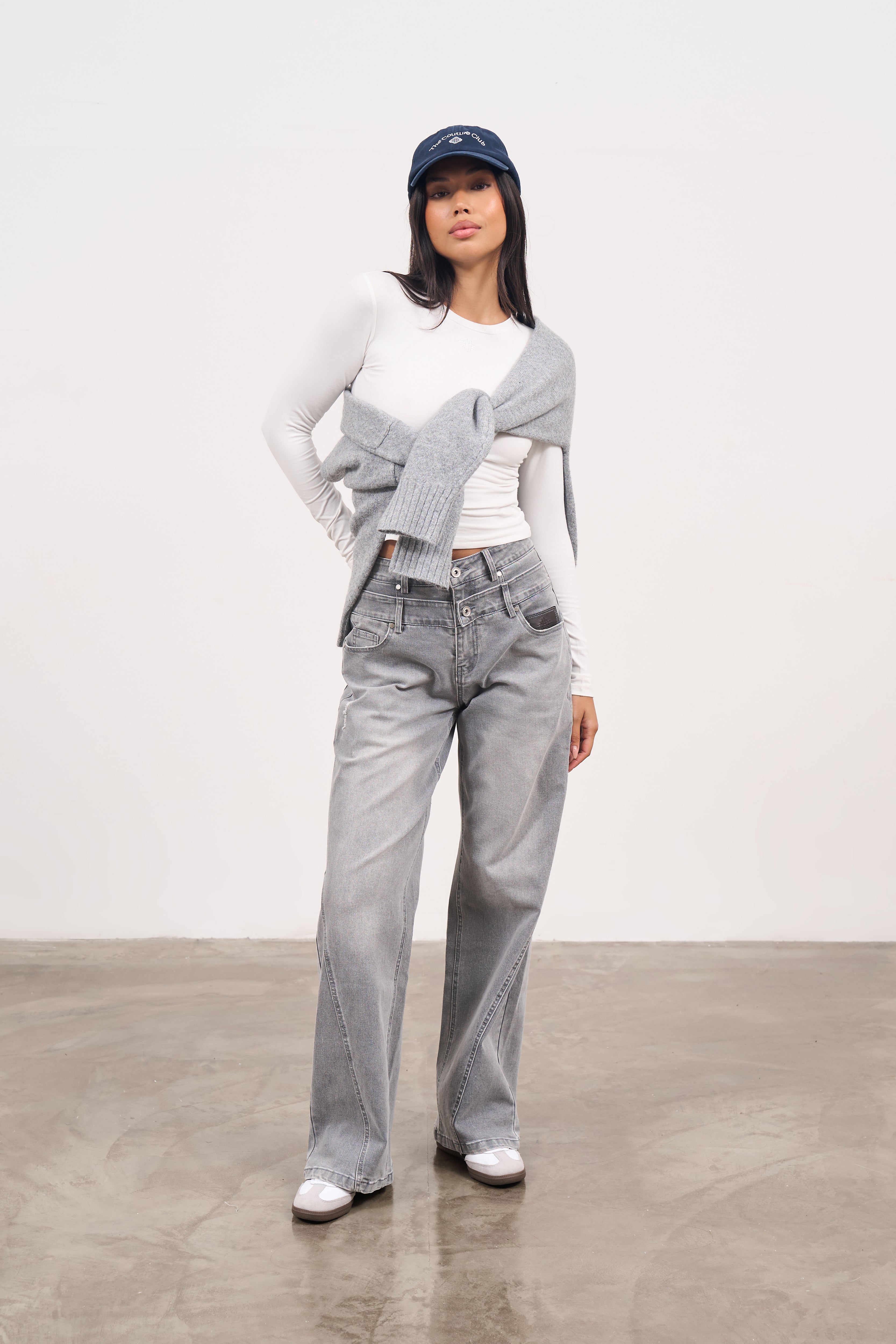 DISTRESSED DOUBLE WAISTBAND JEANS - GREY WASH – The Couture Club