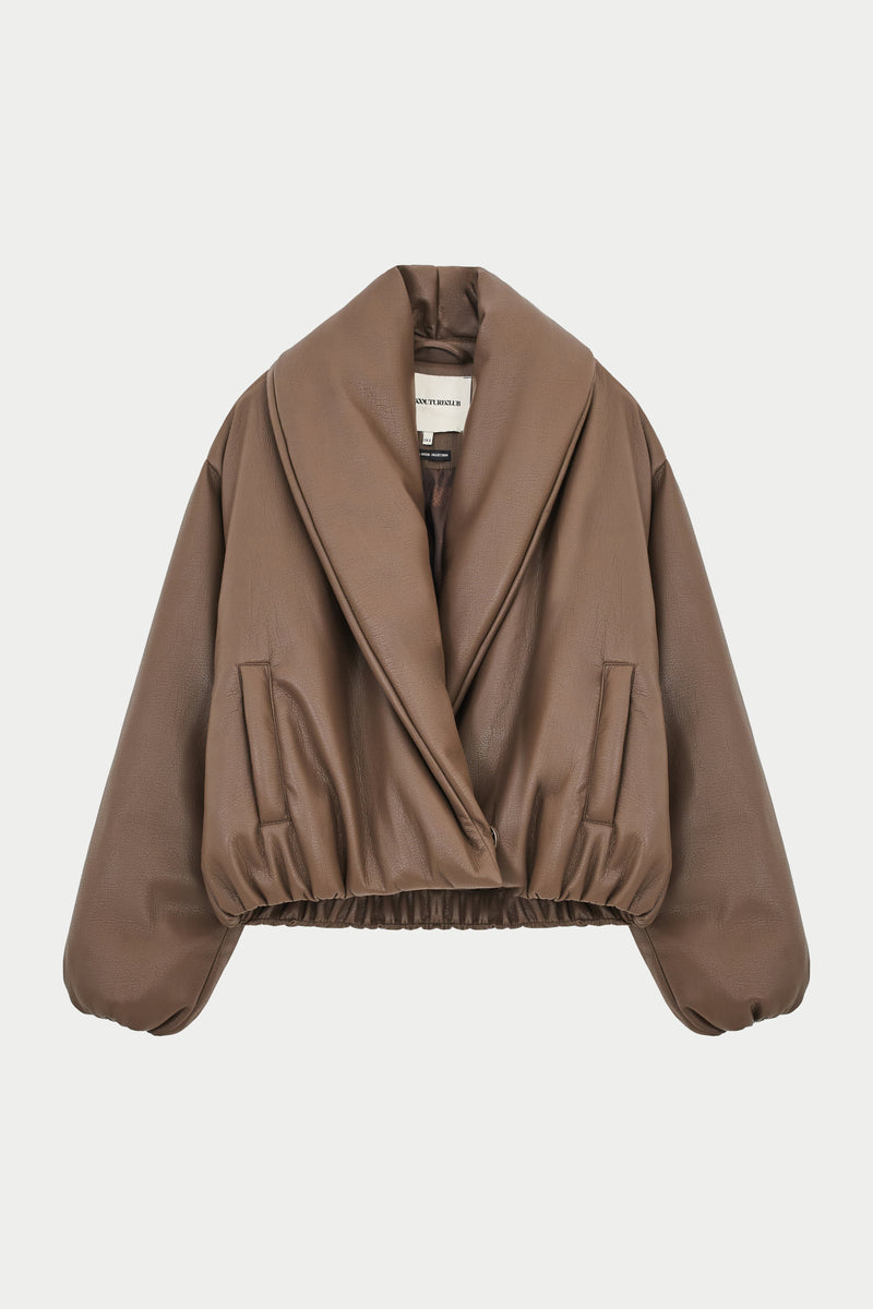 OVERSIZED COLLAR FAUX LEATHER PUFFER COAT - BROWN – The Couture Club