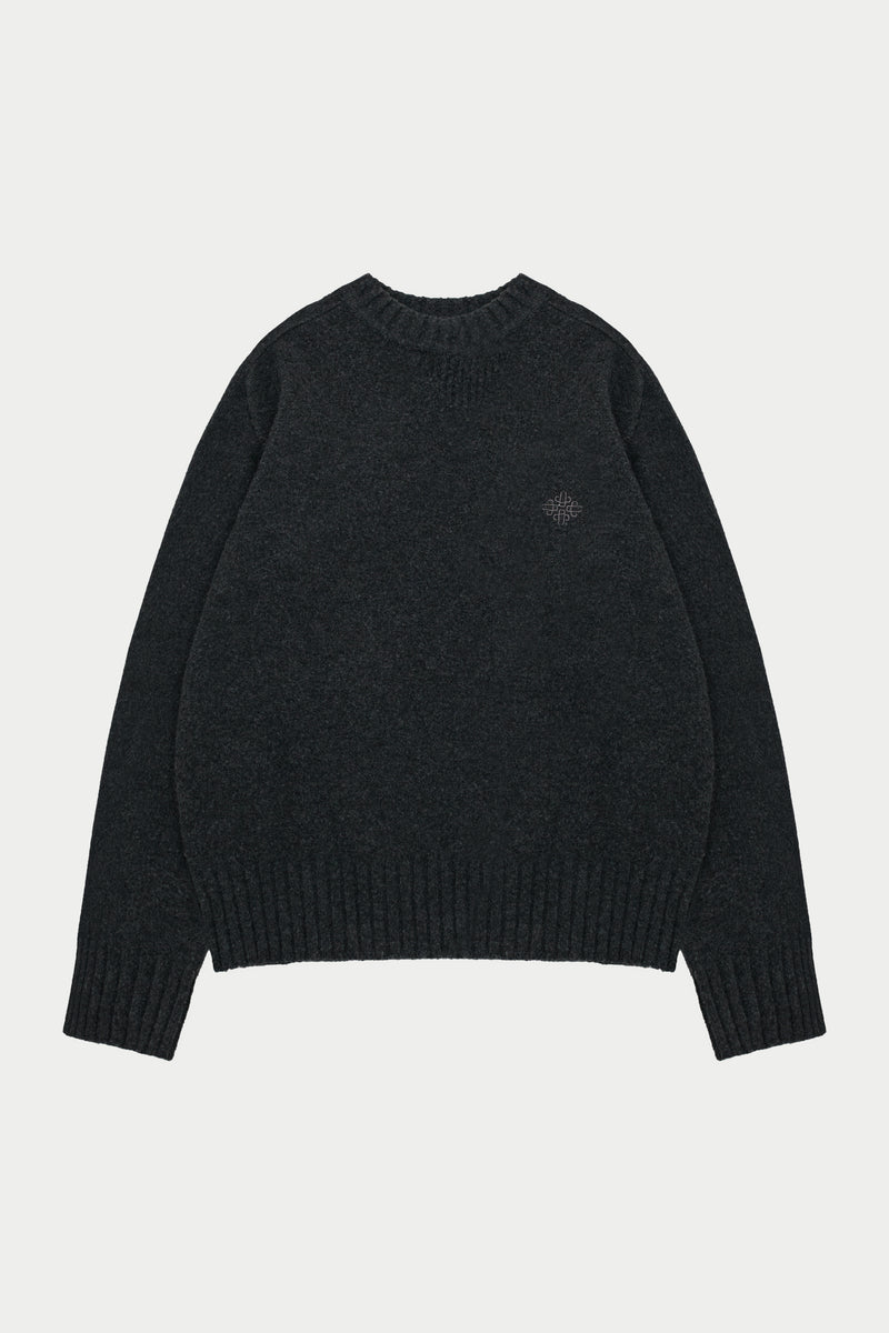 FLUFFY KNIT EMBLEM EMBROIDERED CREW - CHARCOAL – The Couture Club