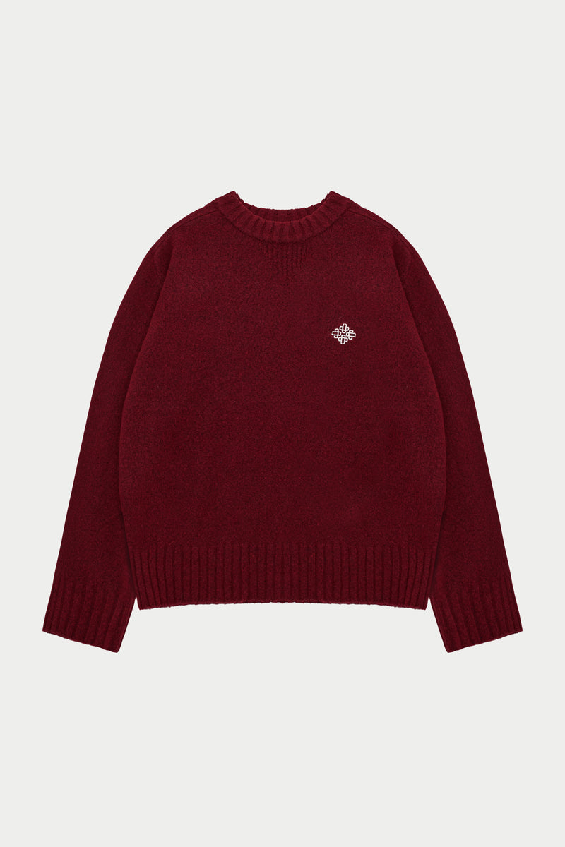 FLUFFY KNIT EMBLEM EMBROIDERED CREW - BURGUNDY – The Couture Club