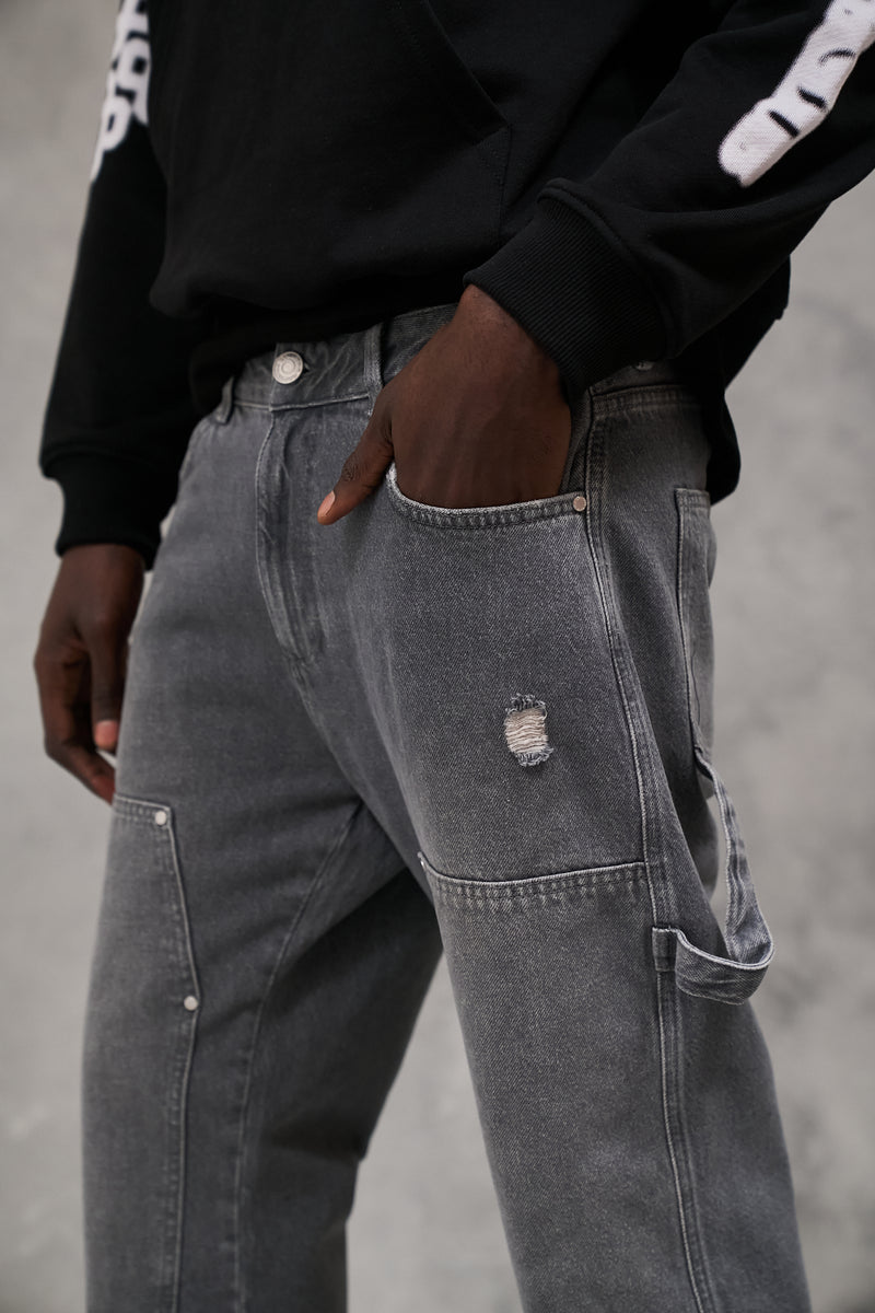 DENIM RIVET DETAIL CARPENTER PANT - BLACK WASH – The Couture Club