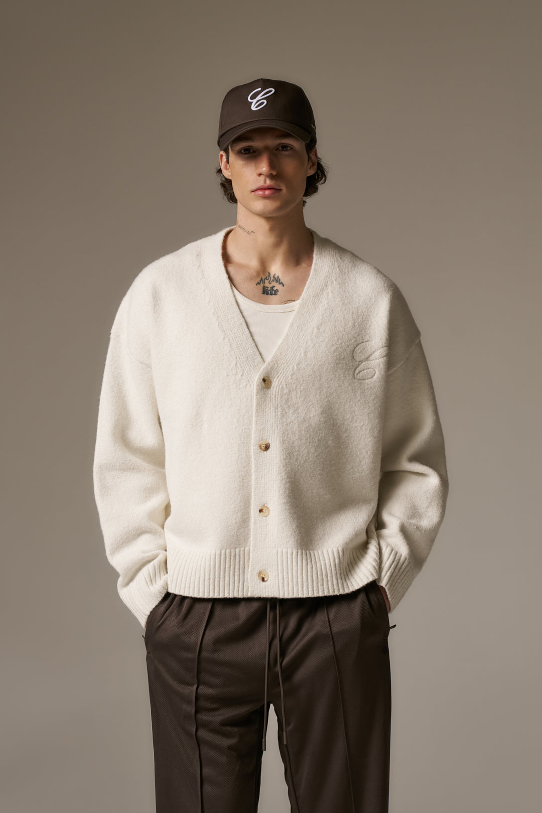 C EMBROIDERY KNITTED CARDIGAN - OFF WHITE – The Couture Club