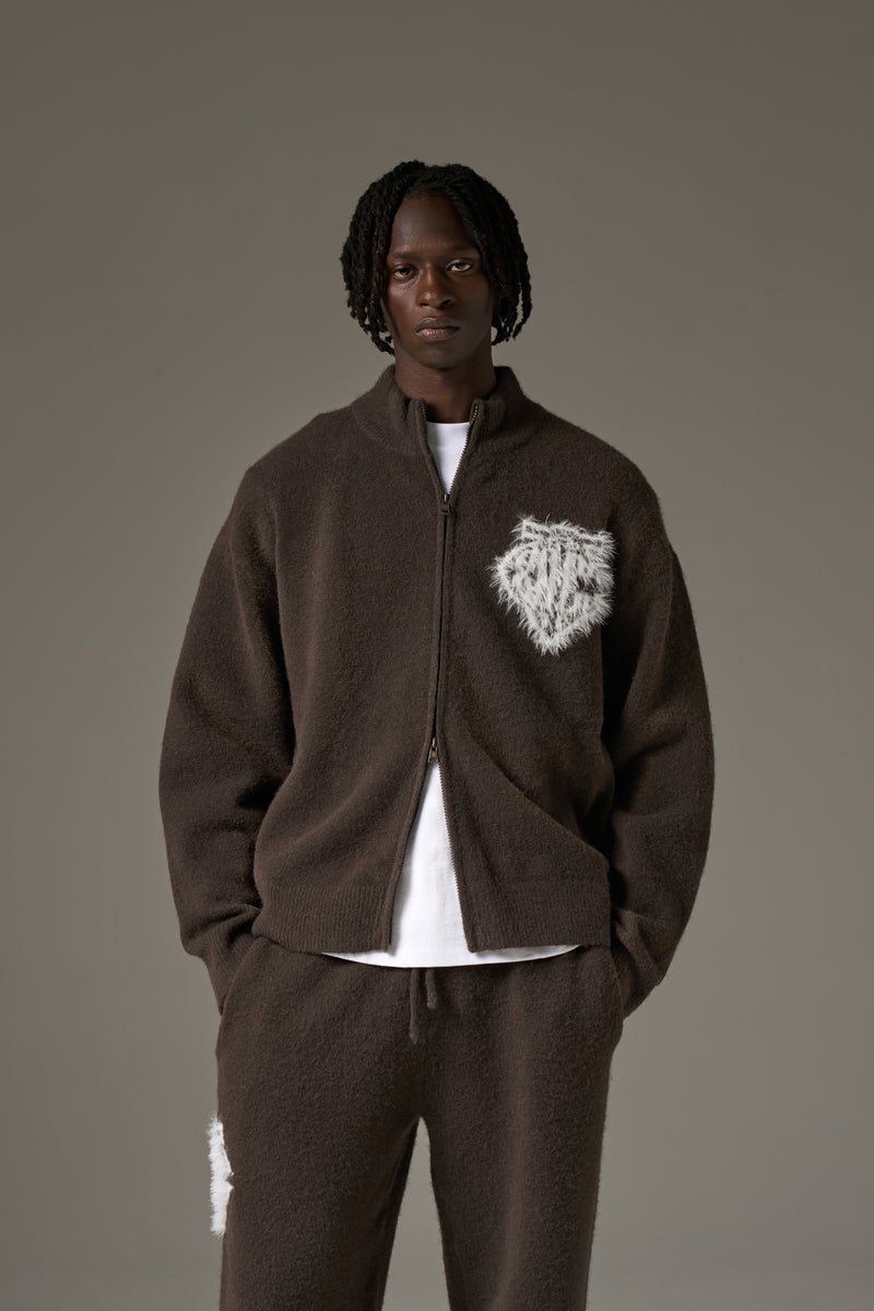 MONOGRAM FLUFFY KNIT ZIP THROUGH - BROWN – The Couture Club