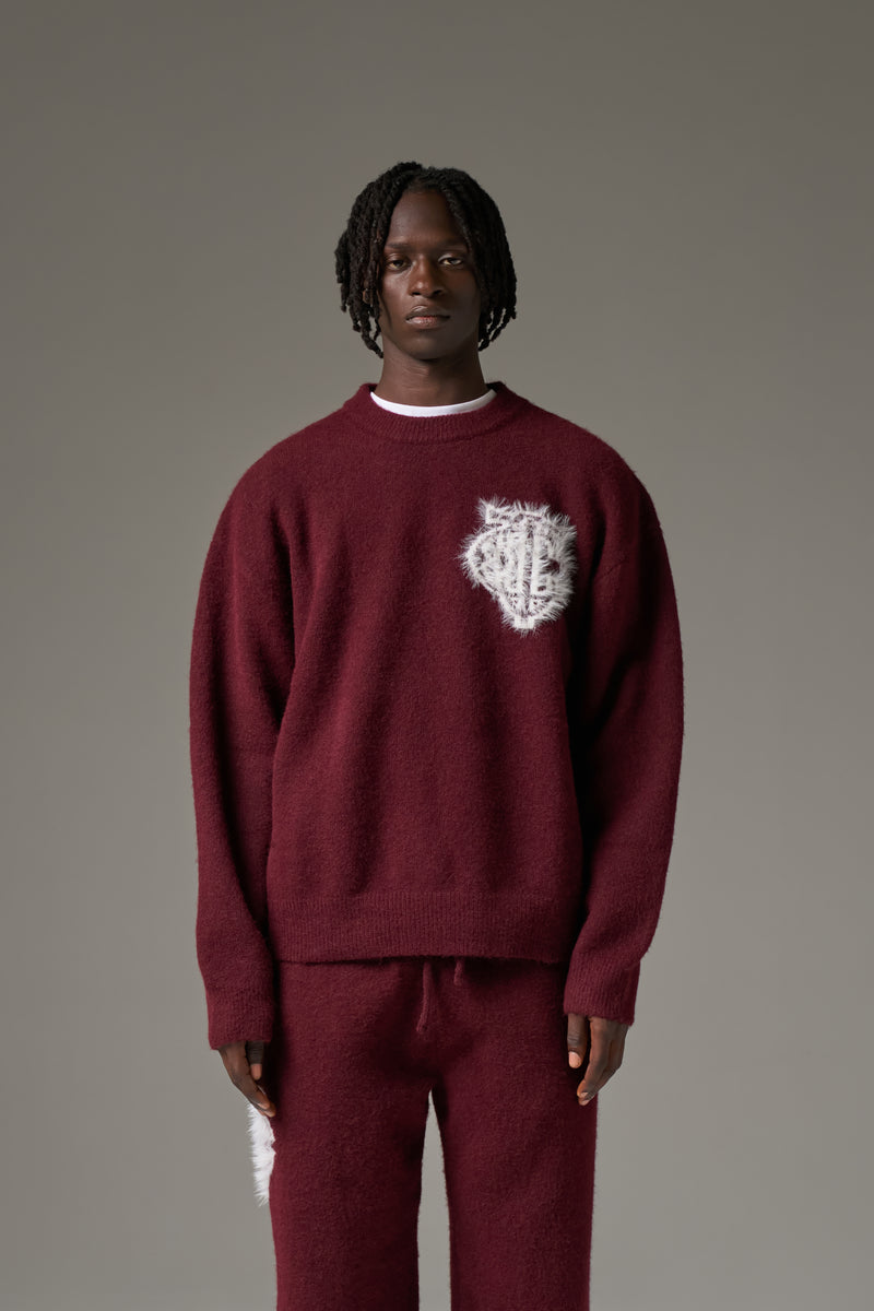 MONOGRAM FLUFFY KNIT CREW - BURGUNDY – The Couture Club