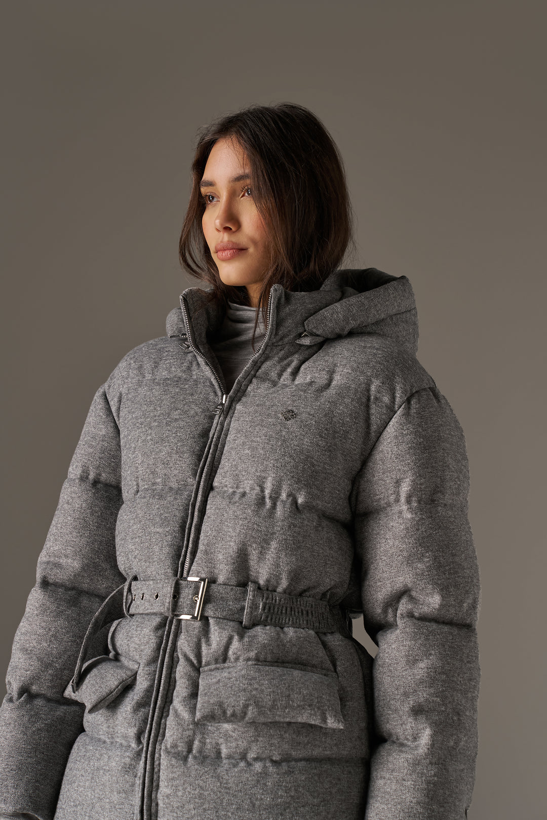WOVEN BELTED PUFFER COAT - GREY – The Couture Club