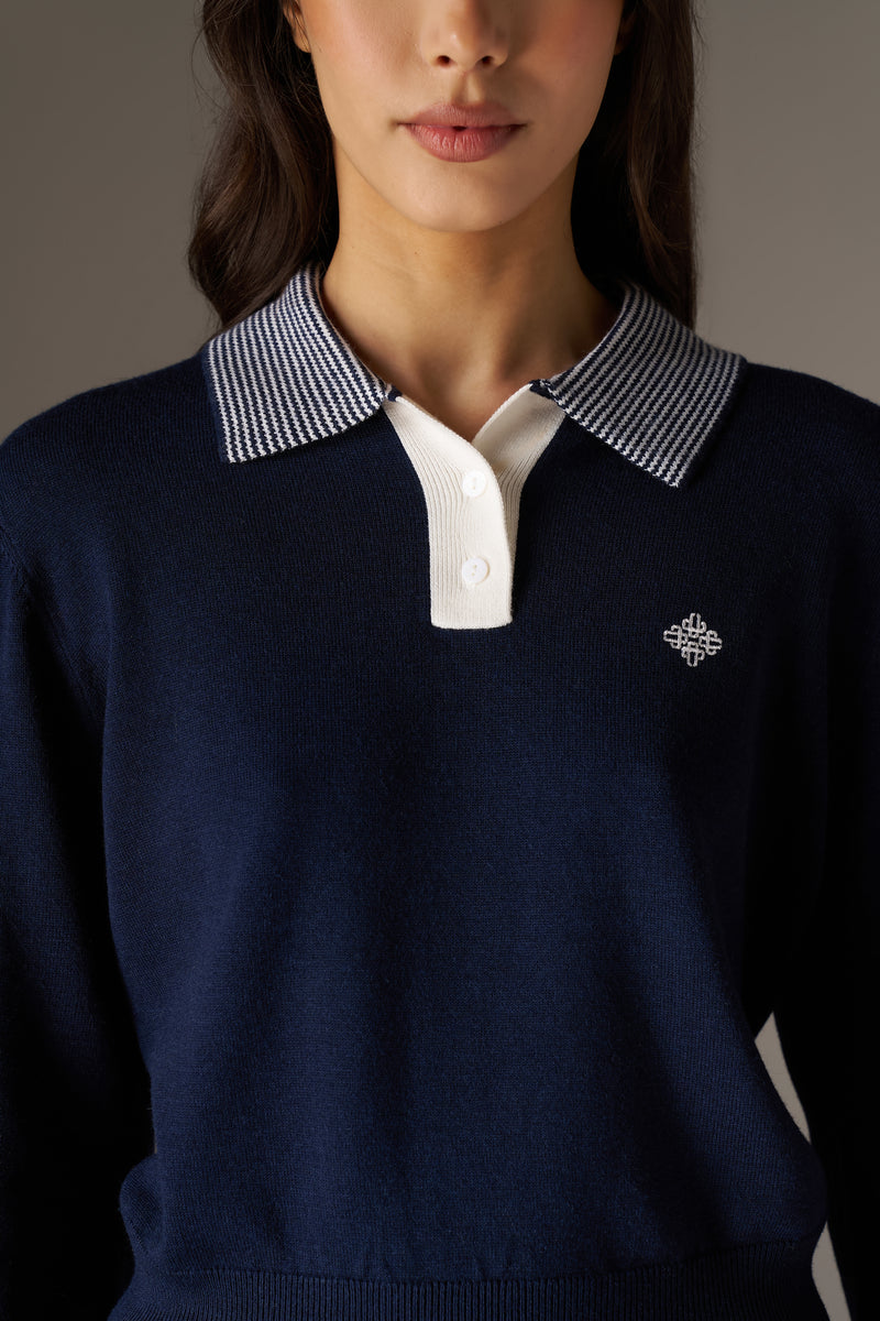 LONG SLEEVE KNITTED COLLAR POLO TOP - NAVY – The Couture Club