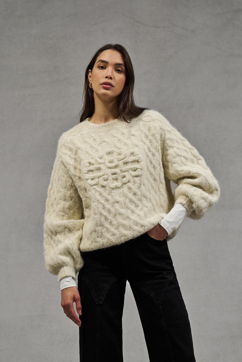 FLUFFY CABLE KNIT EMBLEM JUMPER - BEIGE – The Couture Club
