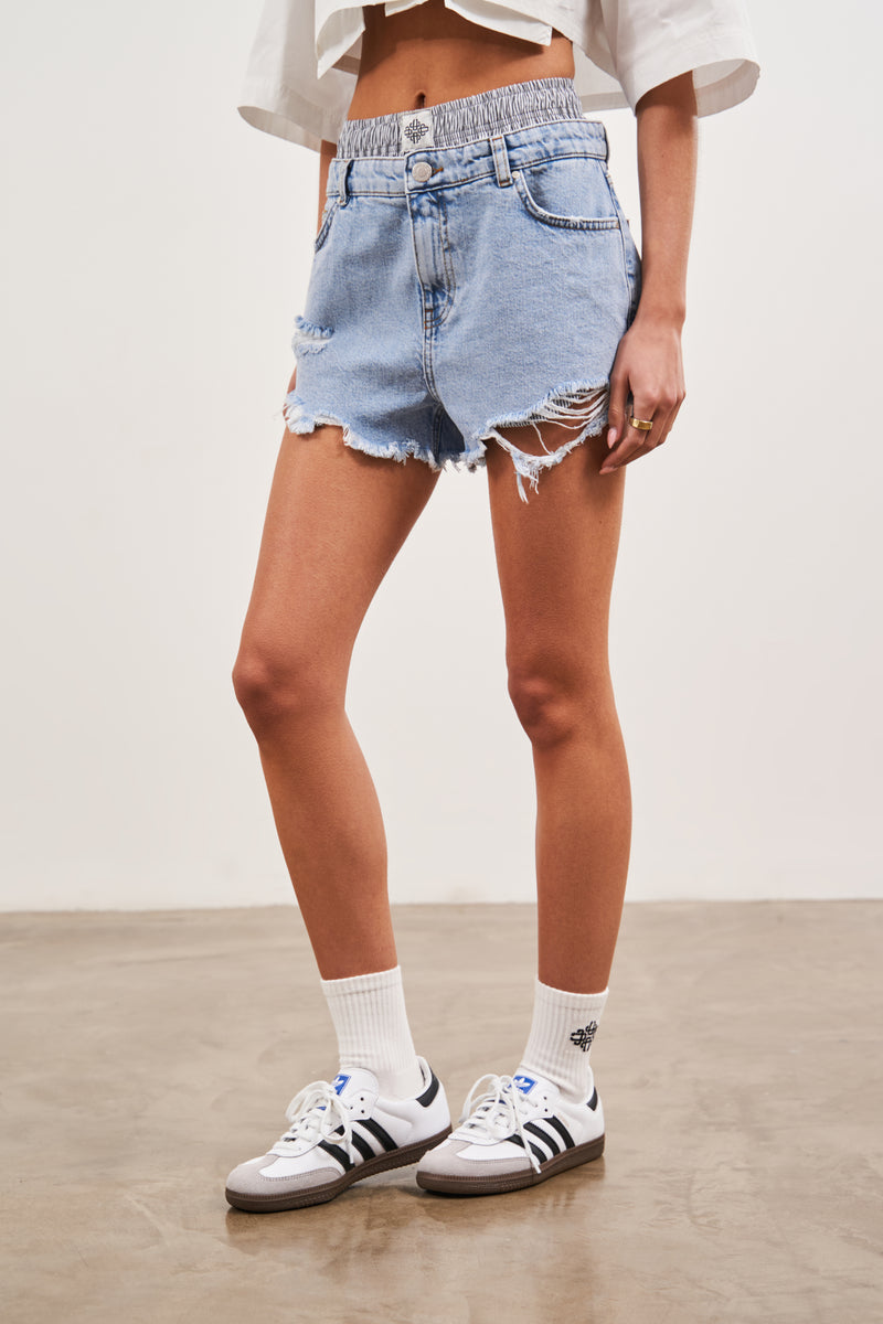 DOUBLE LAYER BOXER DENIM SHORTS - BLUE WASH – The Couture Club