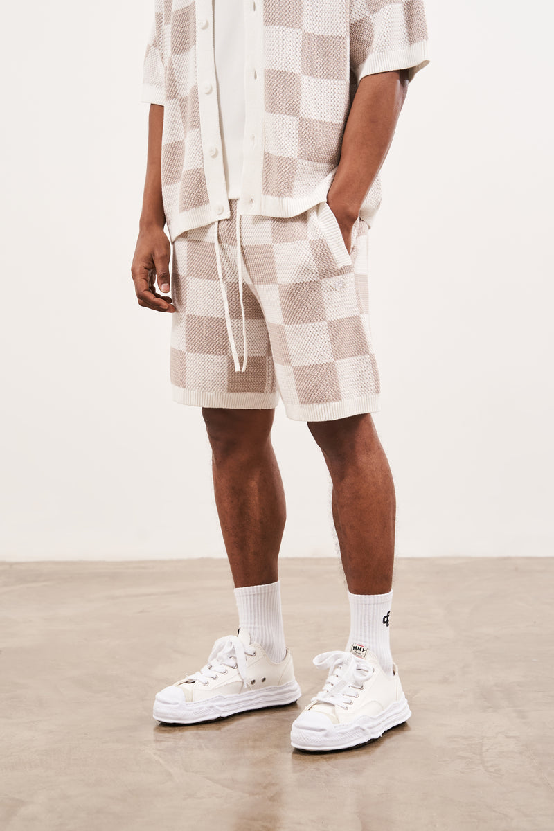 KNITTED CHECKERBOARD SHORTS - OFF WHITE – The Couture Club