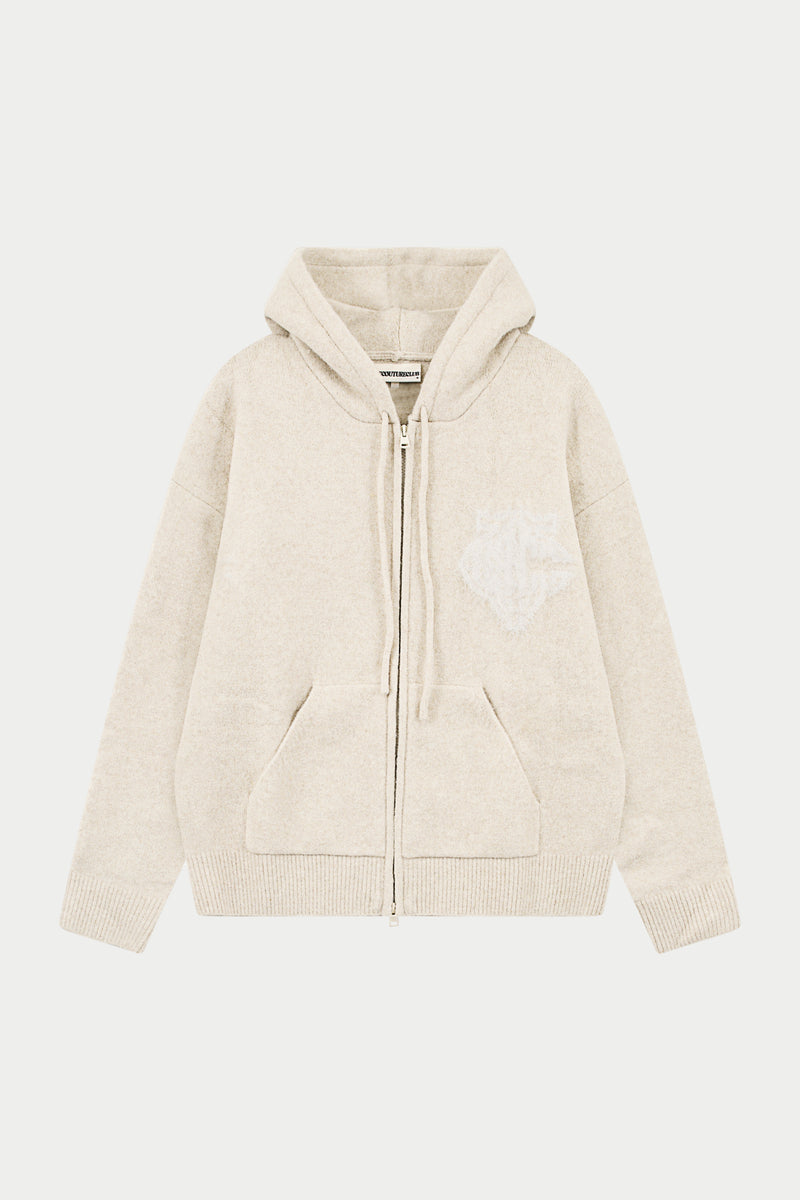 MONOGRAM FLUFFY KNIT ZIP THROUGH HOODIE - BEIGE – The Couture Club