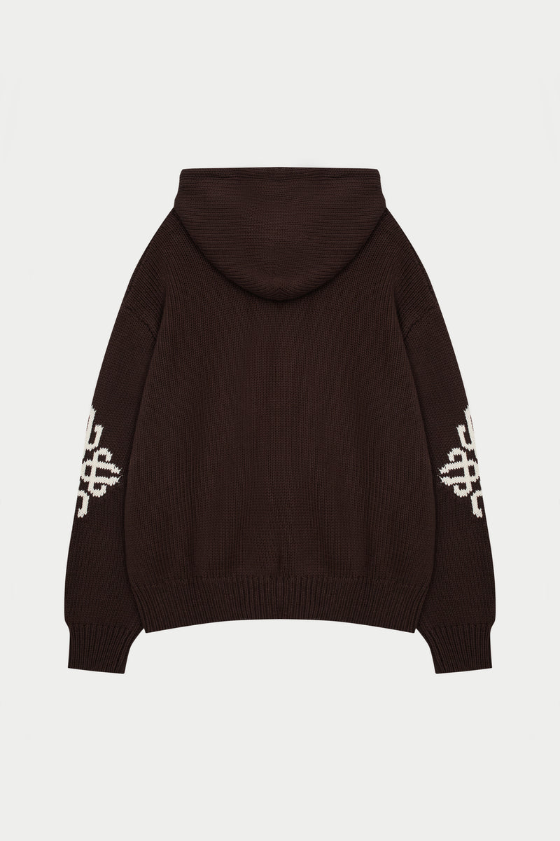 CHUNKY KNIT EMBLEM ZIP THROUGH HOODIE - CHOCOLATE – The Couture Club