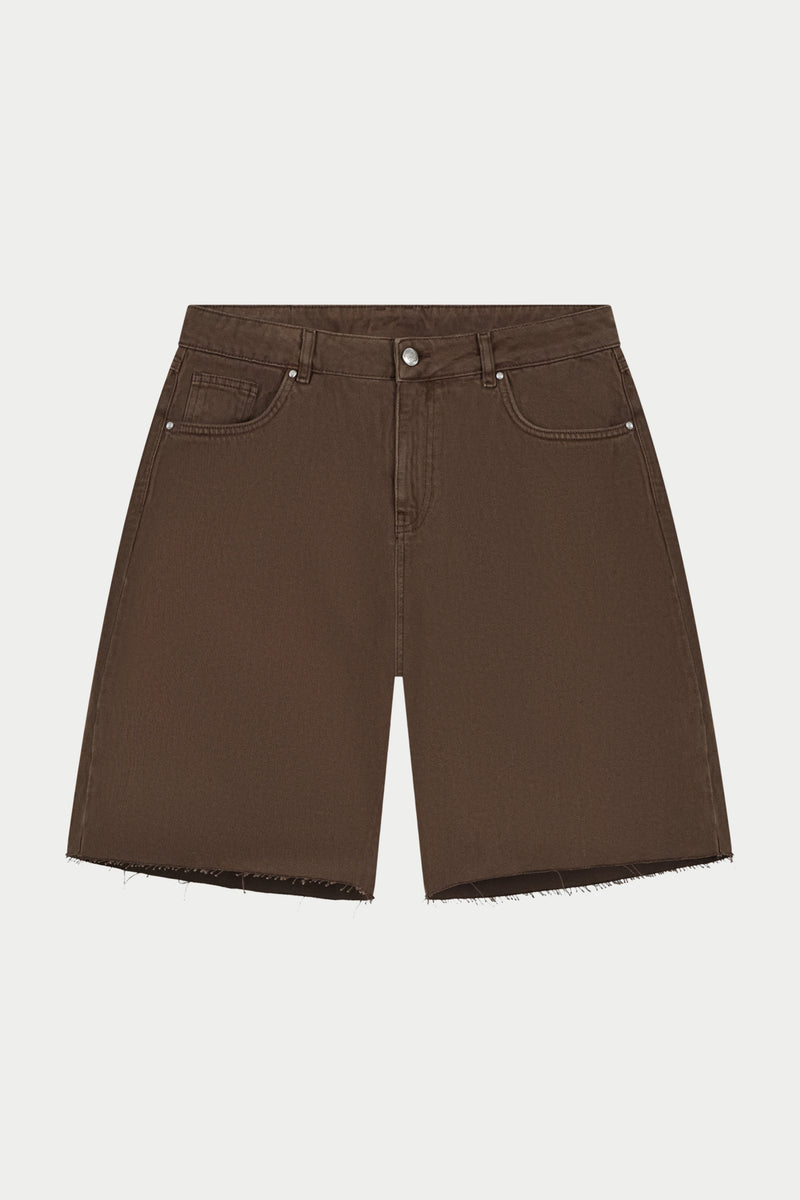 DENIM RAW EDGE SHORTS - BROWN WASH – The Couture Club
