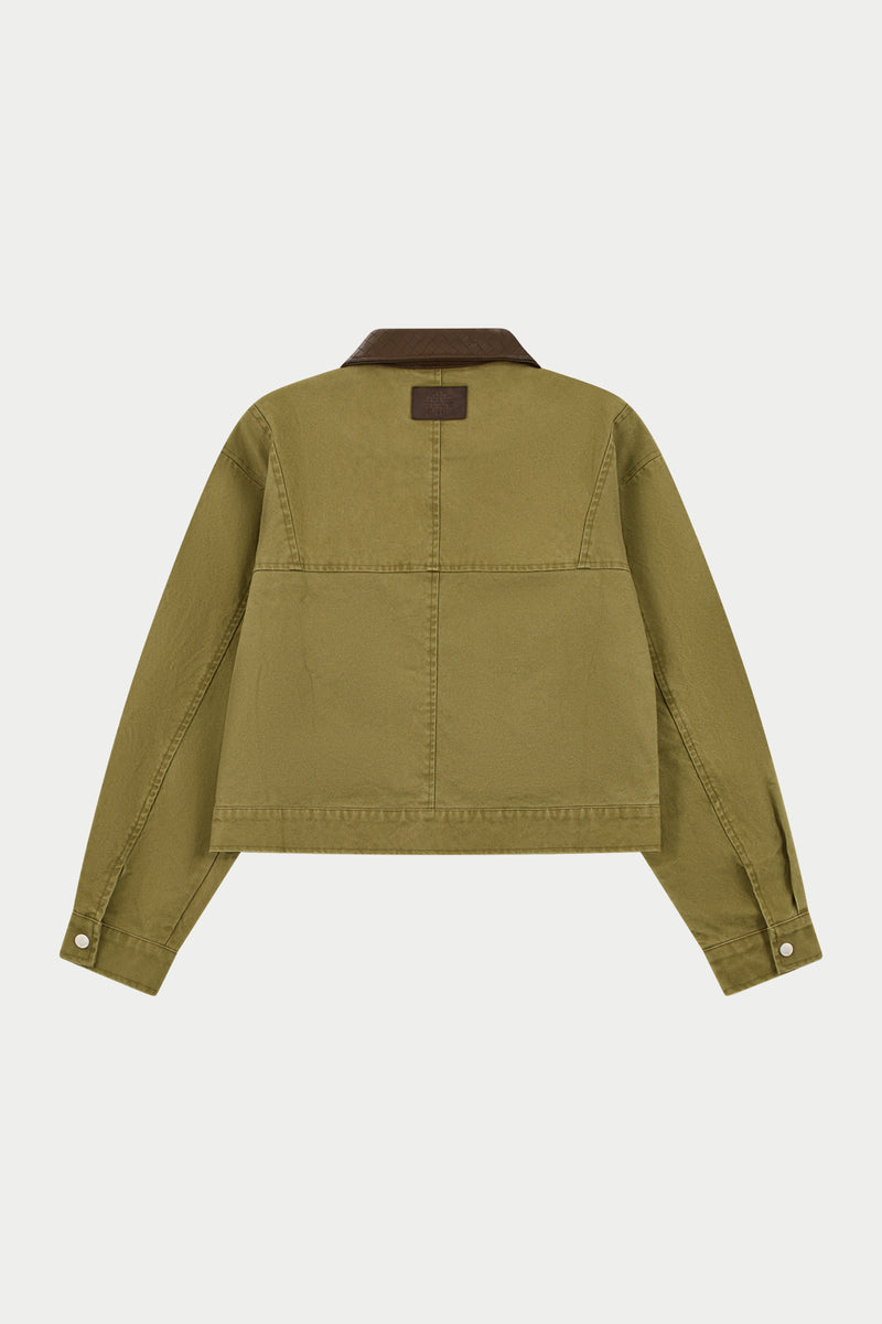 WASHED CONTRAST COLLAR TRUCKER JACKET - KHAKI – The Couture Club