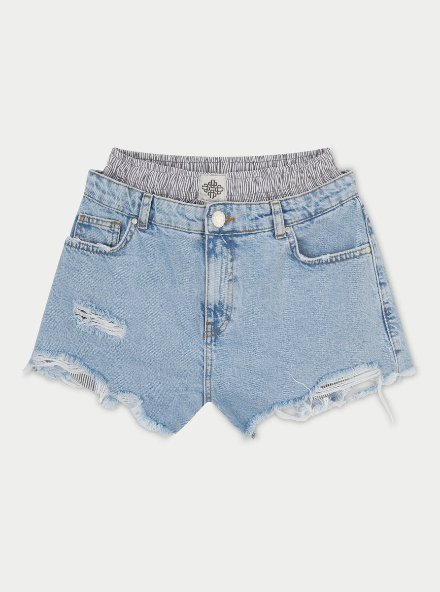 DOUBLE LAYER BOXER DENIM SHORTS - BLUE WASH – The Couture Club