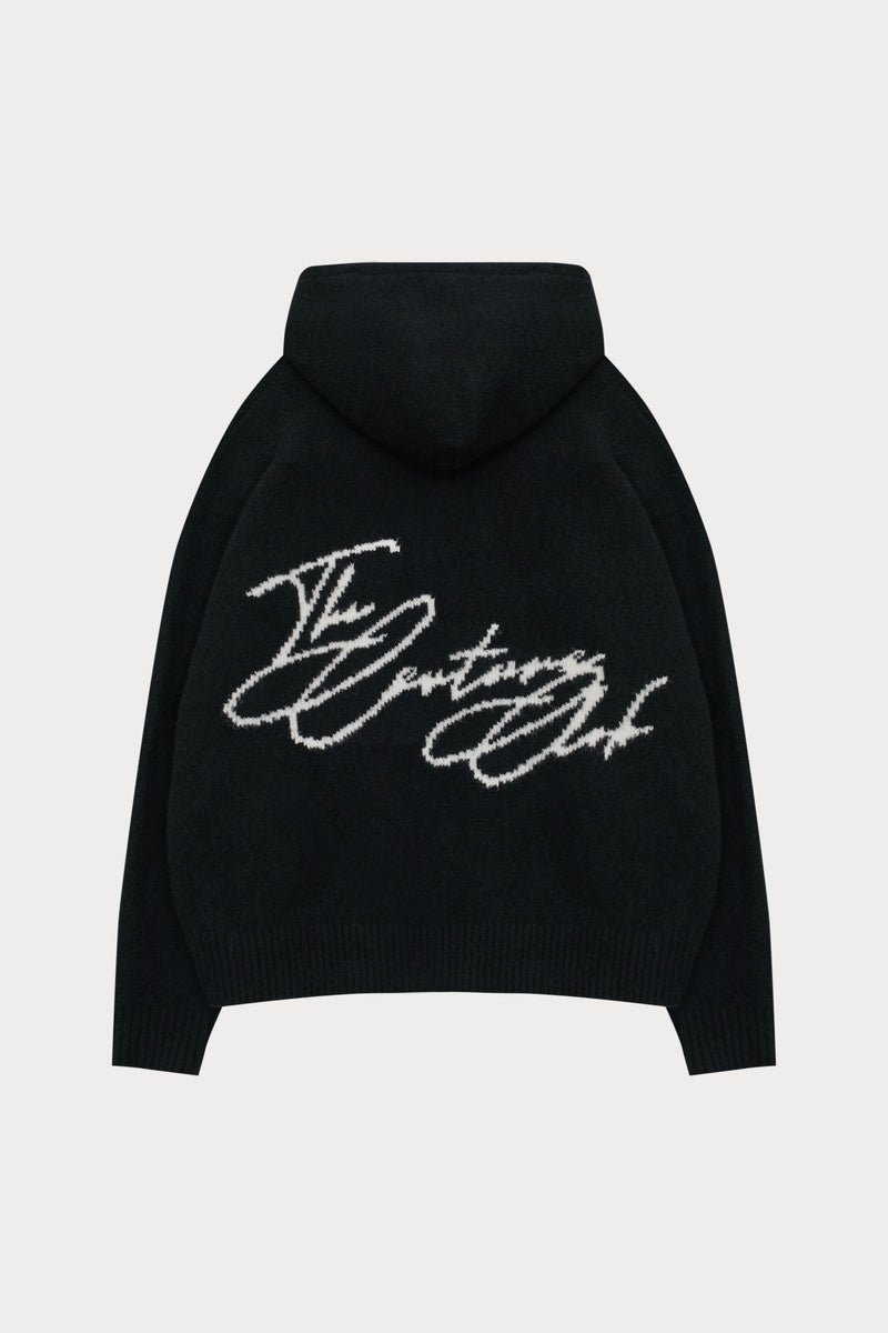 SCRIPT LOGO GRAPHIC KNITTED HOODIE - BLACK – The Couture Club