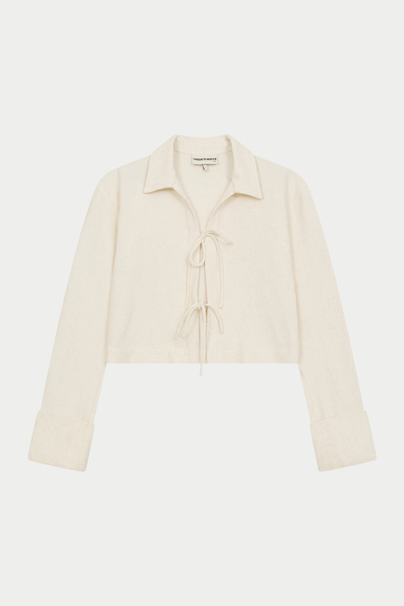 TEXTURED LINEN TIE FRONT SHIRT - BEIGE – The Couture Club