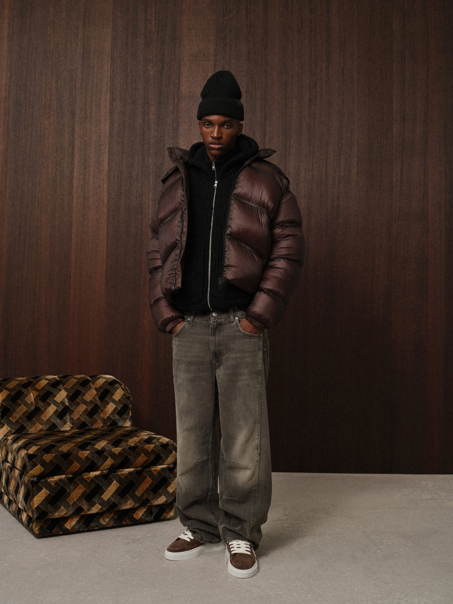 TRANSLUCENT HOODED PUFFER - BROWN – The Couture Club