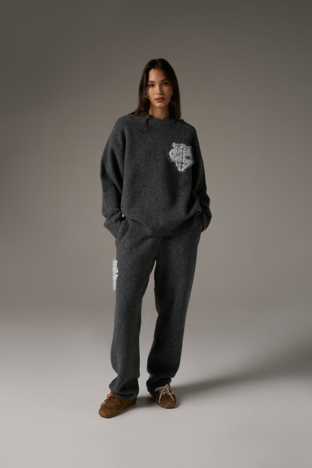 MONOGRAM FLUFFY KNIT CREW - CHARCOAL – The Couture Club