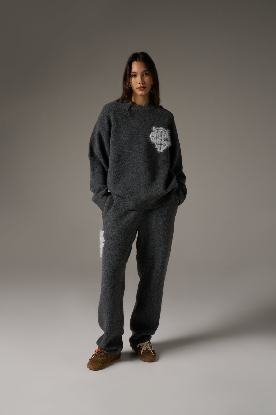 MONOGRAM FLUFFY KNIT CREW - CHARCOAL – The Couture Club