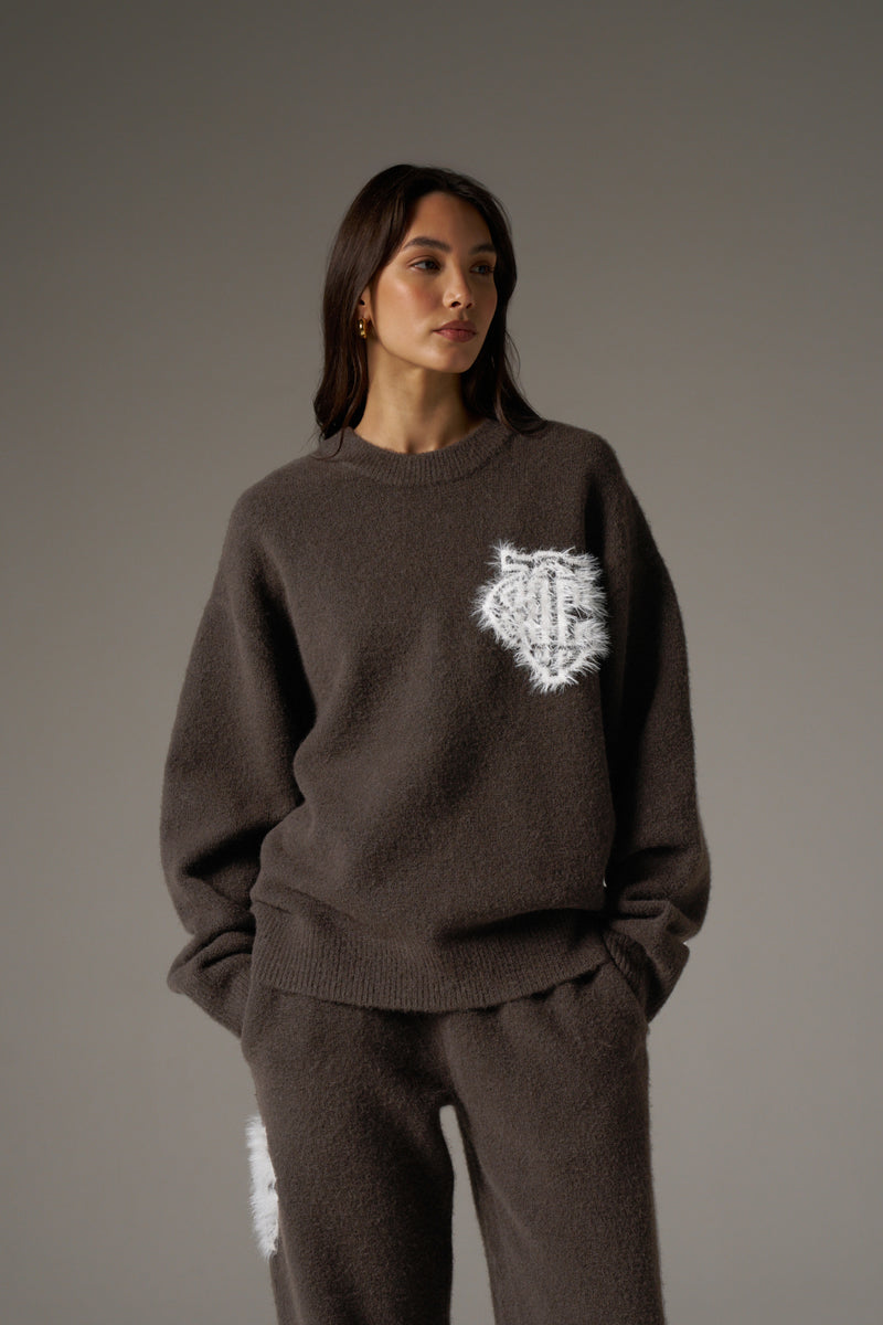 MONOGRAM FLUFFY KNIT CREW - BROWN – The Couture Club