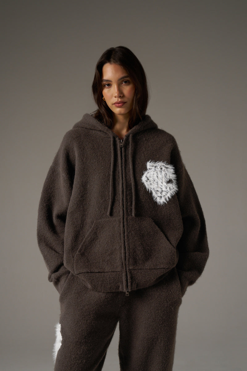 MONOGRAM FLUFFY KNIT ZIP THROUGH HOODIE - BROWN – The Couture Club