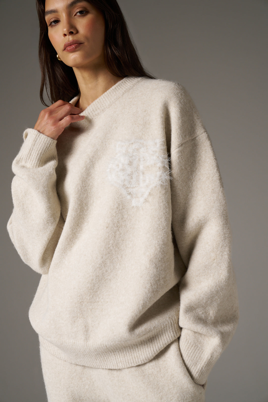 MONOGRAM FLUFFY KNIT CREW - BEIGE – The Couture Club