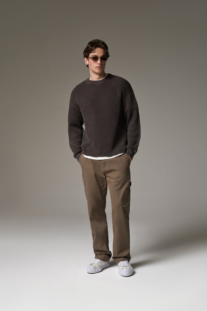 HEAVY WASHED RIBBED KNIT CREW - BROWN – The Couture Club