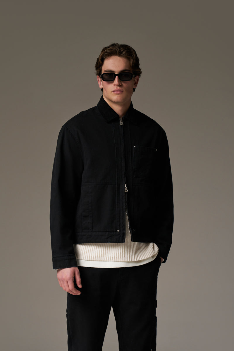 TWILL CONTRAST COLLAR JACKET - WASHED BLACK – The Couture Club