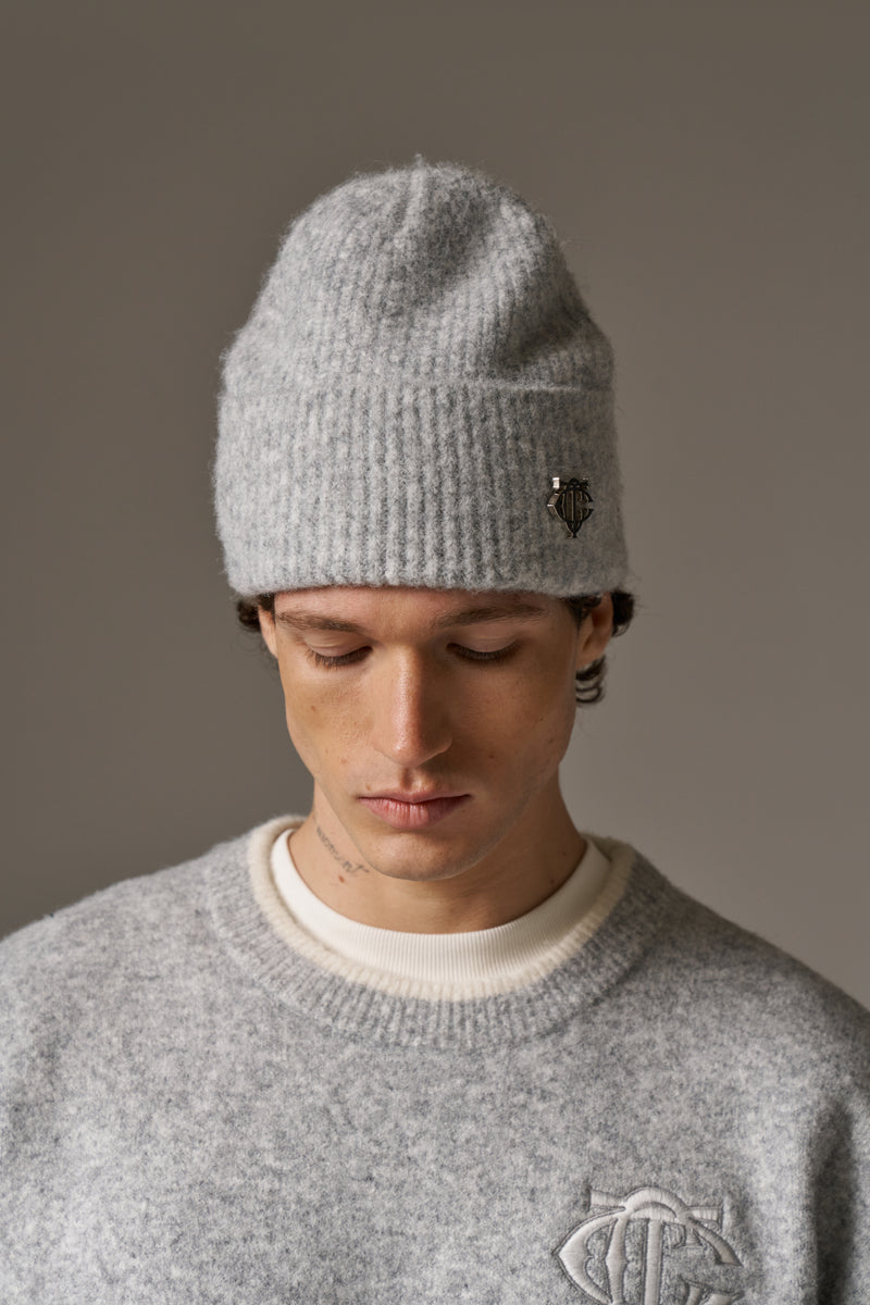 FLUFFY KNIT MONOGRAM PIN BADGE BEANIE - GREY – The Couture Club