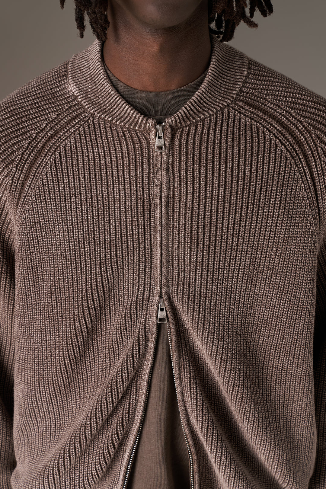 HEAVY WASHED RIB KNIT BOMBER - BROWN – The Couture Club