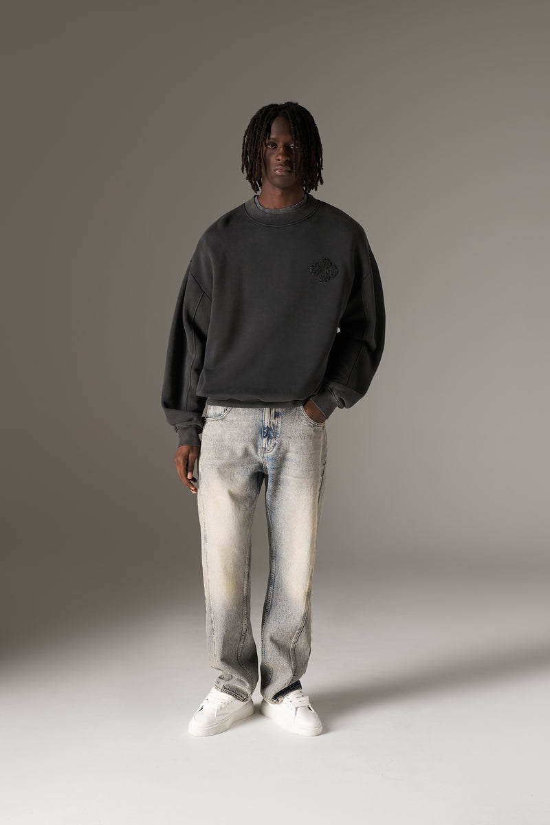 WASHED BORG EMBLEM APPLIQUE CREW - BLACK – The Couture Club