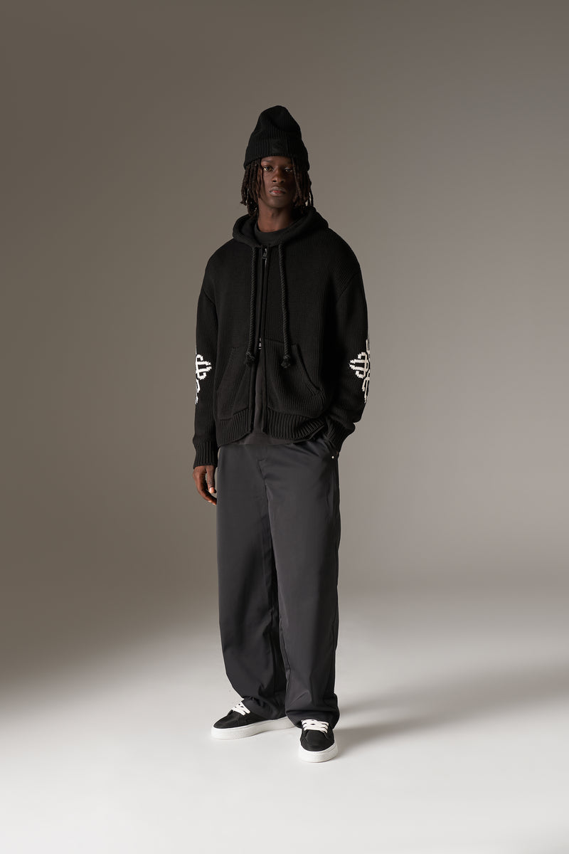 CHUNKY KNIT EMBLEM ZIP THROUGH HOODIE - BLACK – The Couture Club