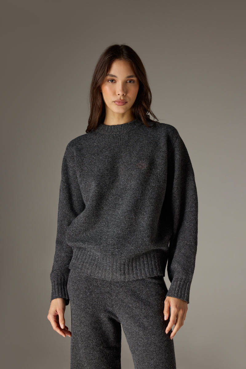 FLUFFY KNIT EMBLEM EMBROIDERED CREW - CHARCOAL – The Couture Club