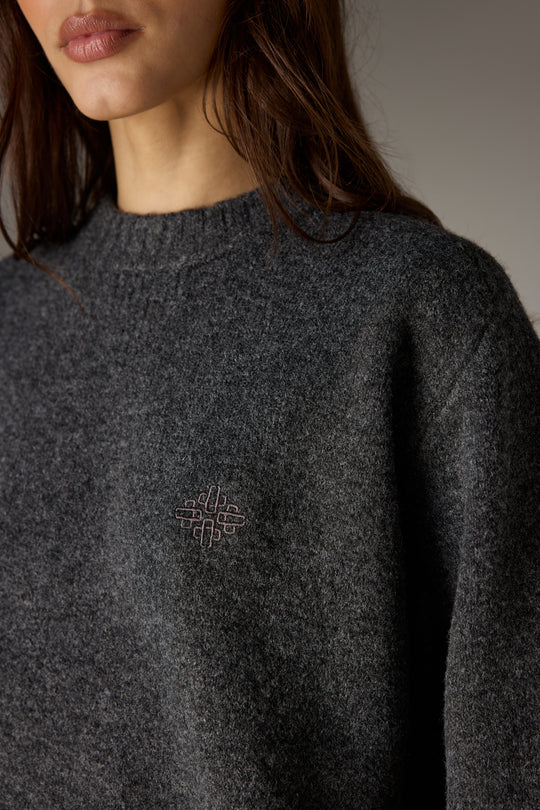 FLUFFY KNIT EMBLEM EMBROIDERED CREW - CHARCOAL – The Couture Club