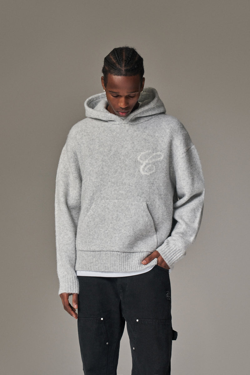SCRIPT LOGO GRAPHIC KNITTED HOODIE - GREY MARL – The Couture Club