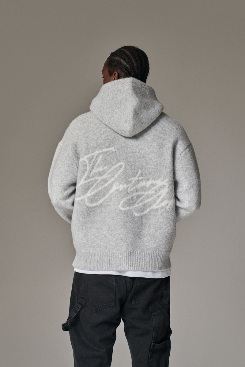SCRIPT LOGO GRAPHIC KNITTED HOODIE - GREY MARL – The Couture Club