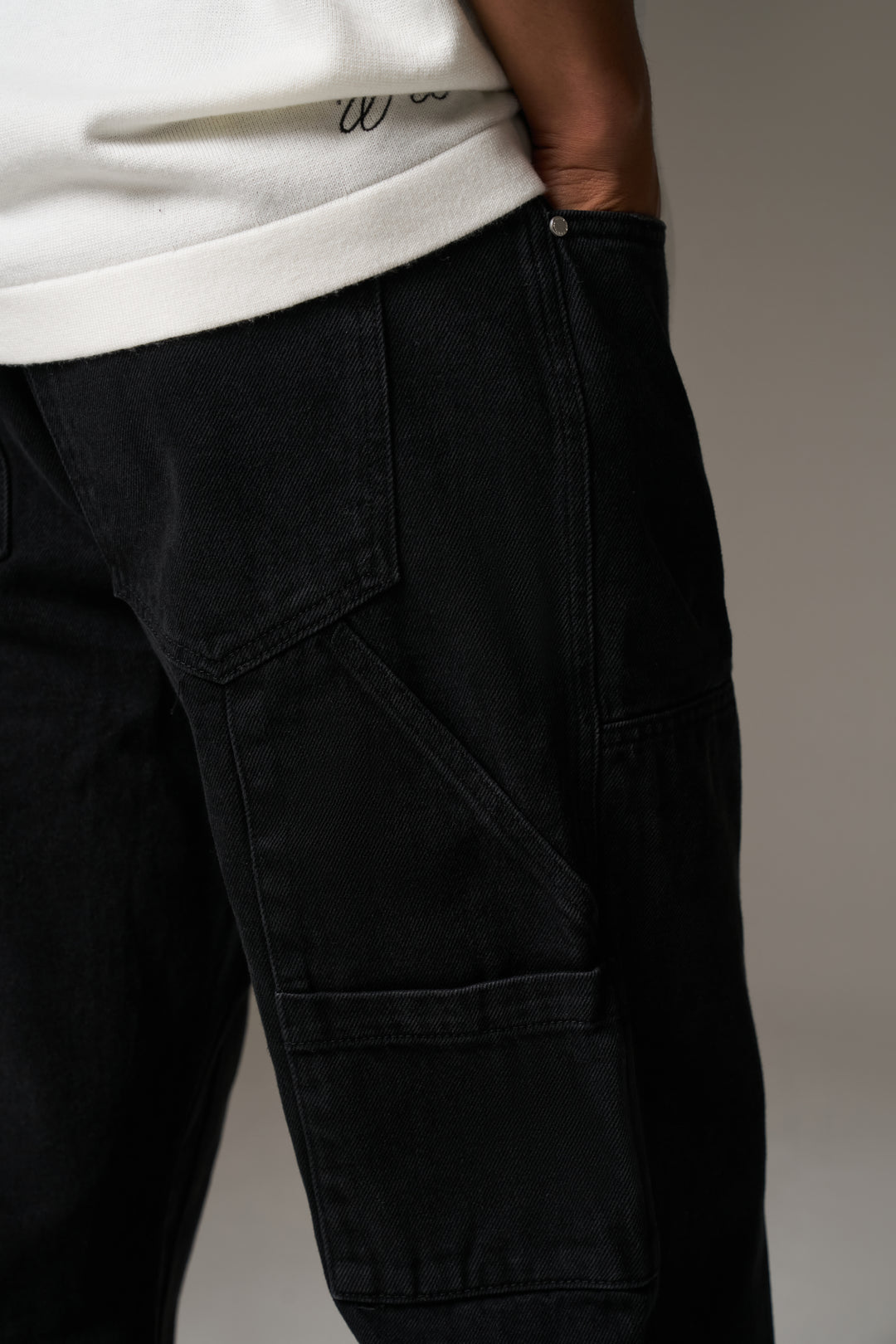 DENIM RIVET DETAIL CARPENTER JEANS - BLACK WASH – The Couture Club