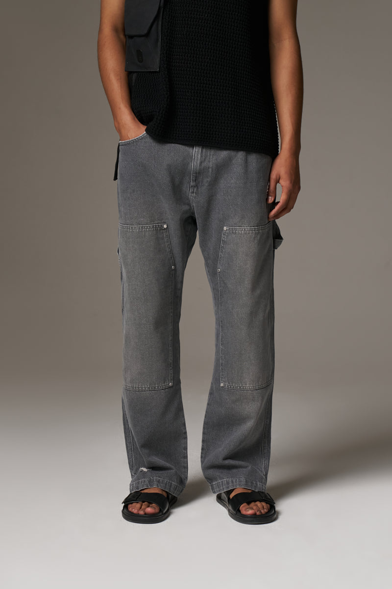 DENIM RIVET DETAIL CARPENTER JEANS - GREY WASH – The Couture Club