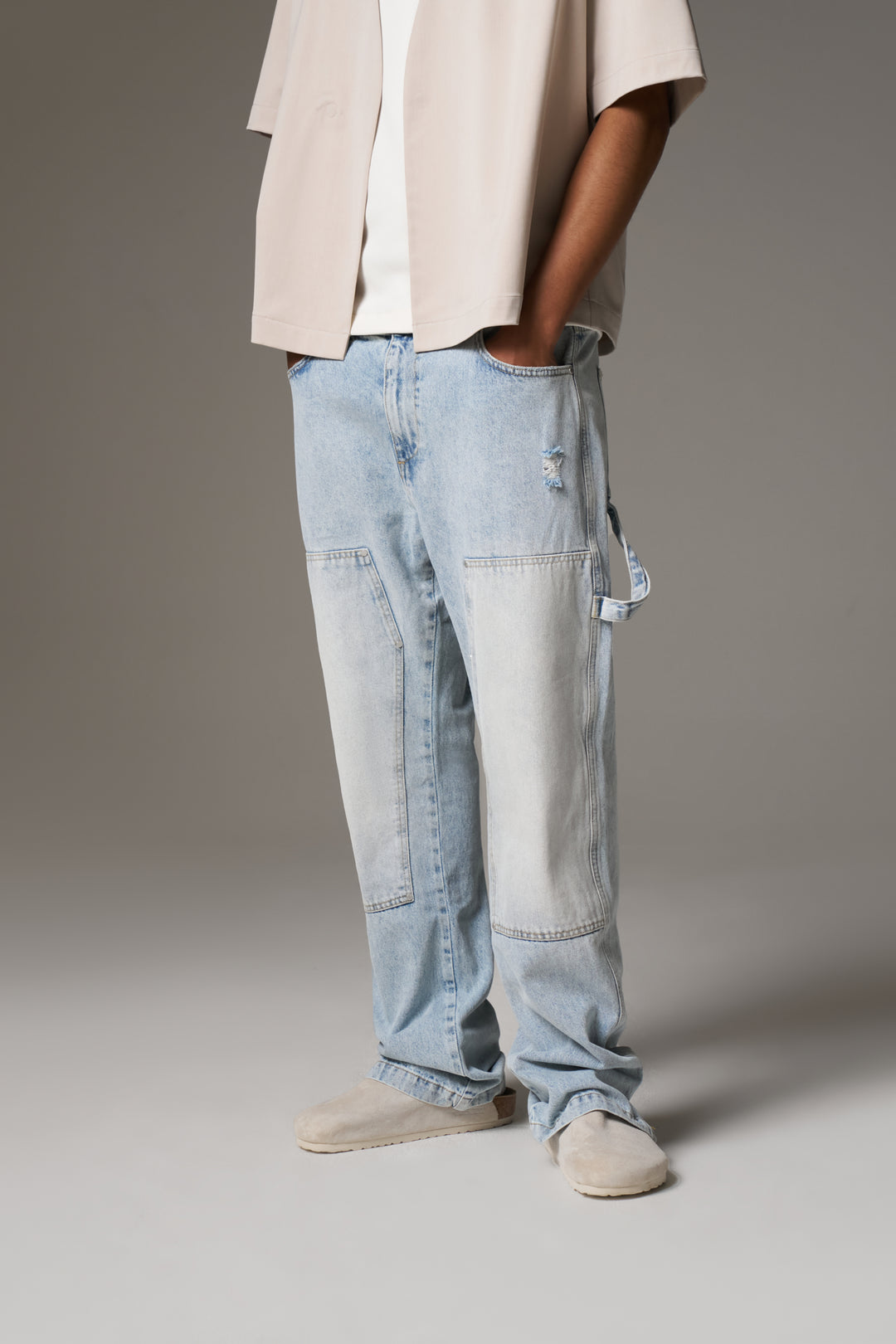 DENIM RIVET DETAIL CARPENTER JEANS - BLUE WASH – The Couture Club