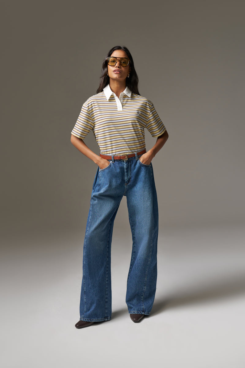 ADJUSTABLE PLEAT DETAIL WIDE LEG JEANS - VINTAGE BLUE WASH – The ...