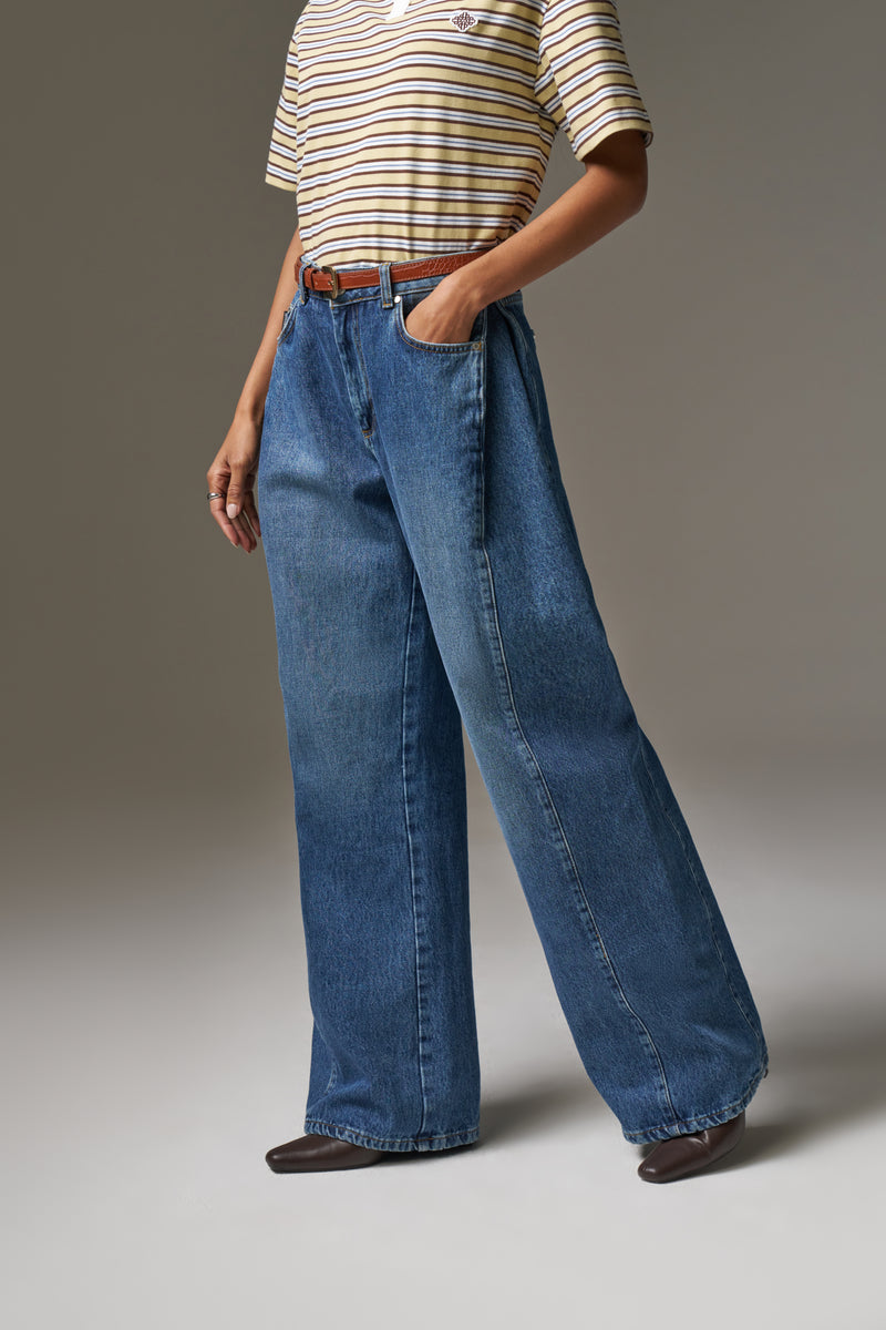 ADJUSTABLE PLEAT DETAIL WIDE LEG JEANS - VINTAGE BLUE WASH – The ...