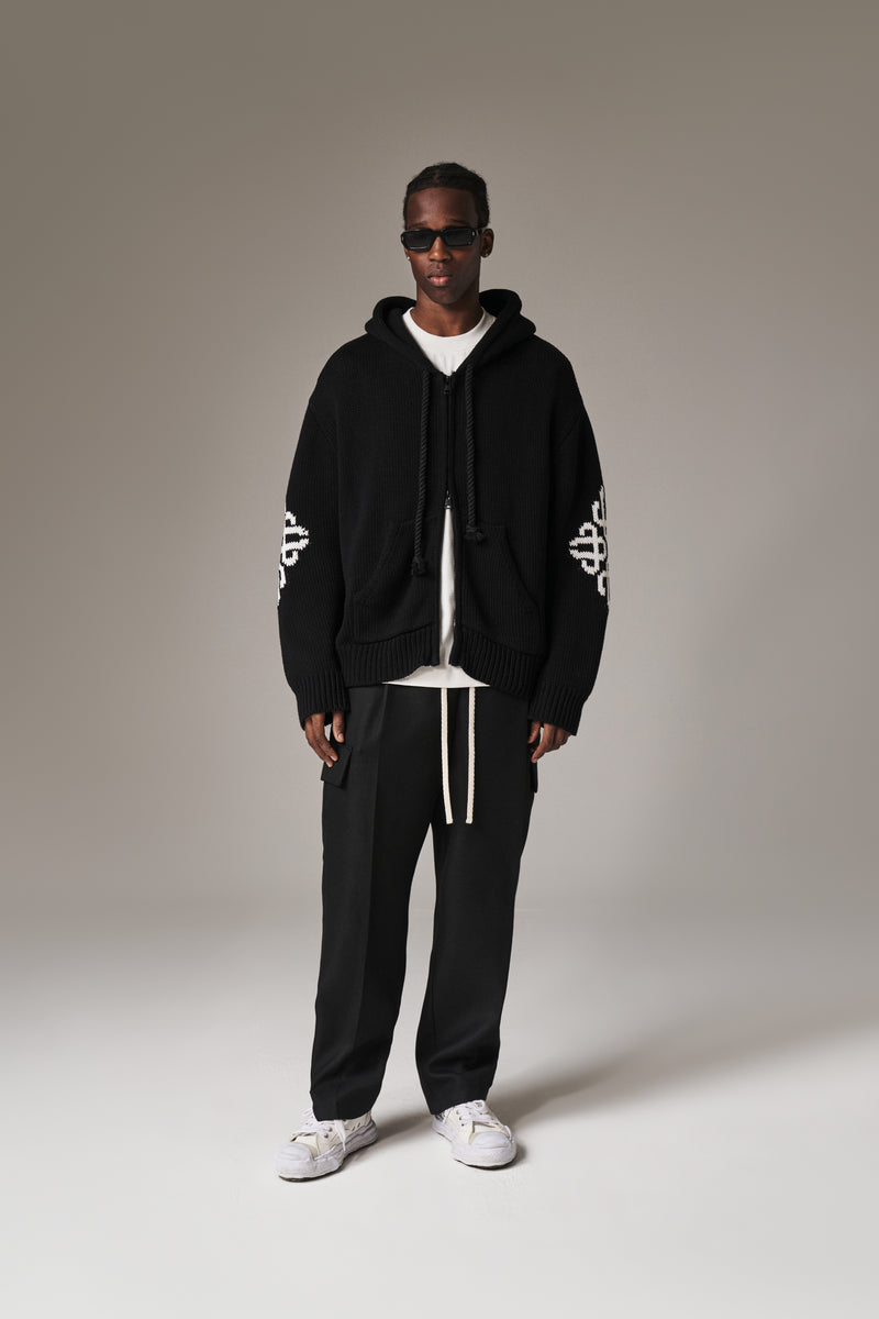 CHUNKY KNIT EMBLEM ZIP THROUGH HOODIE - BLACK – The Couture Club