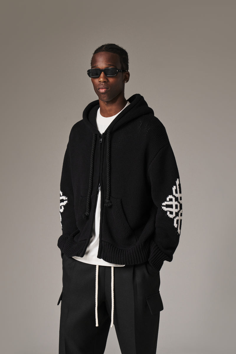 CHUNKY KNIT EMBLEM ZIP THROUGH HOODIE - BLACK – The Couture Club