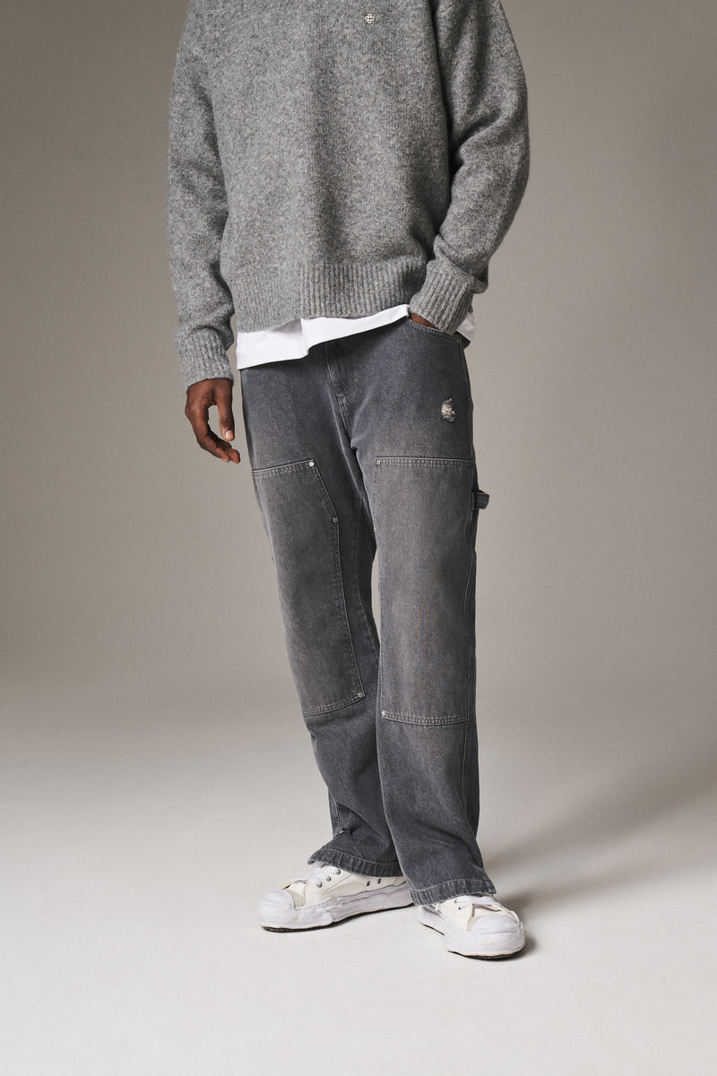 DENIM RIVET DETAIL CARPENTER JEANS - GREY WASH – The Couture Club