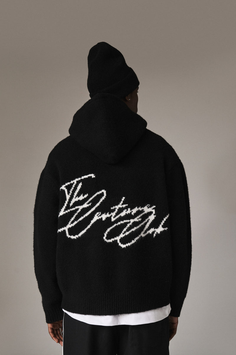 SCRIPT LOGO GRAPHIC KNITTED HOODIE - BLACK – The Couture Club